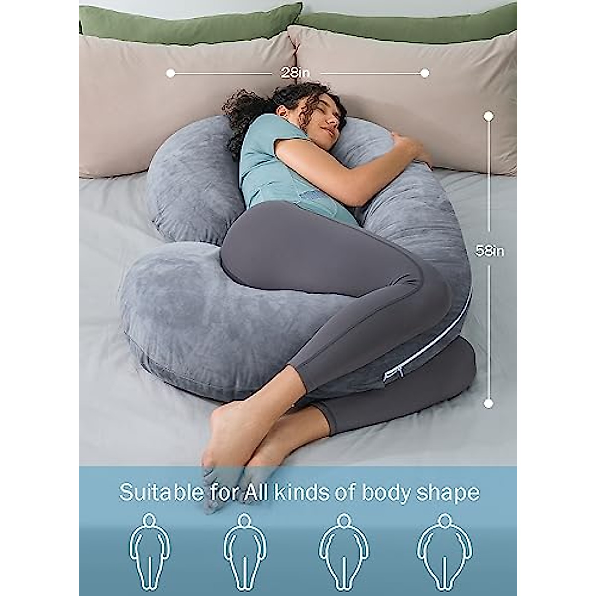 INSEN Pregnancy Pillows, C Shaped Pillows for Sleeping Support, Maternity Body Pillow Pregnant Women with Removable Velvet Cover, Gray, 58 Inch