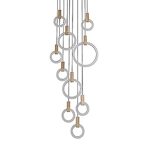 JAYMP 10 Rings Stair Chandelier High Ceiling Modern LED Acrylic Circle Wooden Nordic Art Pendant Lighting Long Chandeliers White Living Room Restaurant Hotel Hallway Entrance Staircase