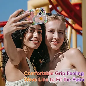 EYZUTAK Case for iPhone 14, Colorful Retro Oil Painting Printed Flower Laser Beam Glossy Pattern Cute Curly Waves Border Exquisite Phone Cover Stylish Durable TPU Protective Case for Girls Women-Green