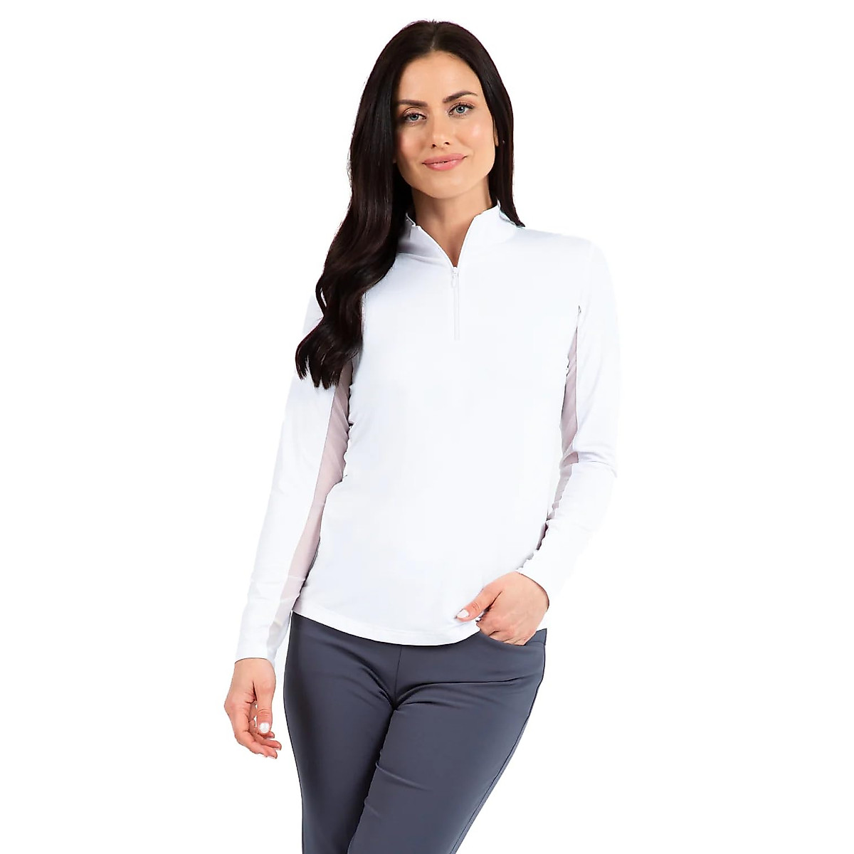 IBKUL Athleisure Wear Sun Protective UPF 50+ Icefil Cooling Tech Long Sleeve Mock Neck Top with Under Arm Mesh 80000 Seafoam Solid S