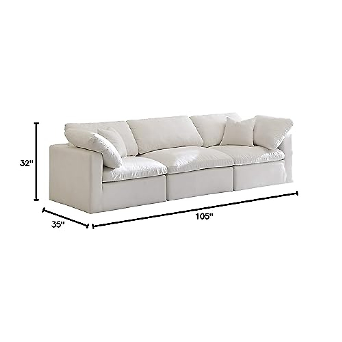 Meridian Furniture 602Cream-S105 Plush Collection Contemporary Down Filled Comfort Overstuffed Velvet Upholstered Modular Sofa 3-Seater Cream
