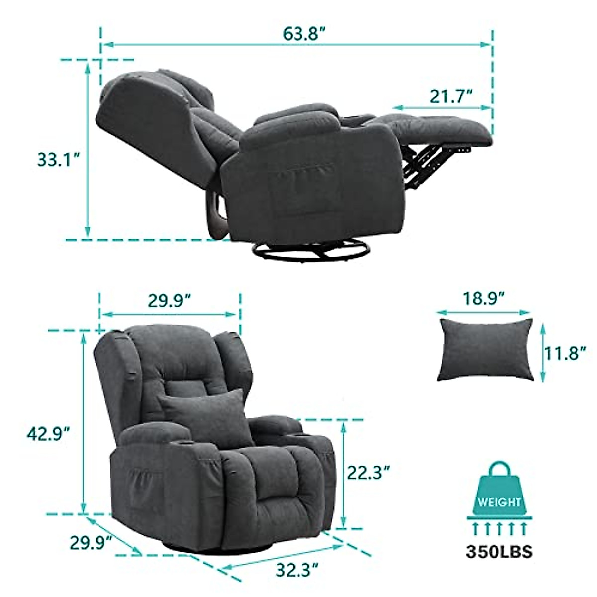 SAMERY Swivel Rocker Recliner Chairs, Manual Recliner Chair 360 Degree Swivel Nursery Rocking Chair Glider with Lumbar Pillow, Cup Holders, Side Pockets, Home Theater Seating, Fabric
