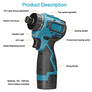 Cordless Screwdriver, Weytoll 18V Electric Screwdriver, Brushless Lithium Screwdriver tool kit, Electric Screw Driver with Torque Adjustable, 2 Speed Control for Mobilephones Computers Home Appliances