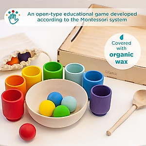 Ulanik Rainbow Balls in Cups Toddler Montessori Toys for 1+ Year Old Kids Wooden Matching Game for Learning Color Sorting and Counting — 7 Balls, 1.18 in