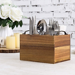 MyGift Premium Acacia Wood Dining Napkin Holder and Utensil Holder Buffet Caddy, Kitchen Flatware and Napkin Storage Organizer with Vintage Metal Handles