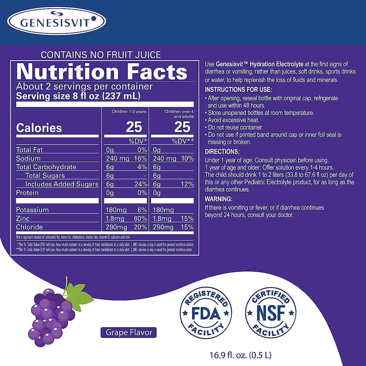 ALFA VITAMINS GenesisVit Electrolyte Solution, Hydration Drink, 12 Bottles, 16.9 fl oz Each - 12 Pack (Grape)