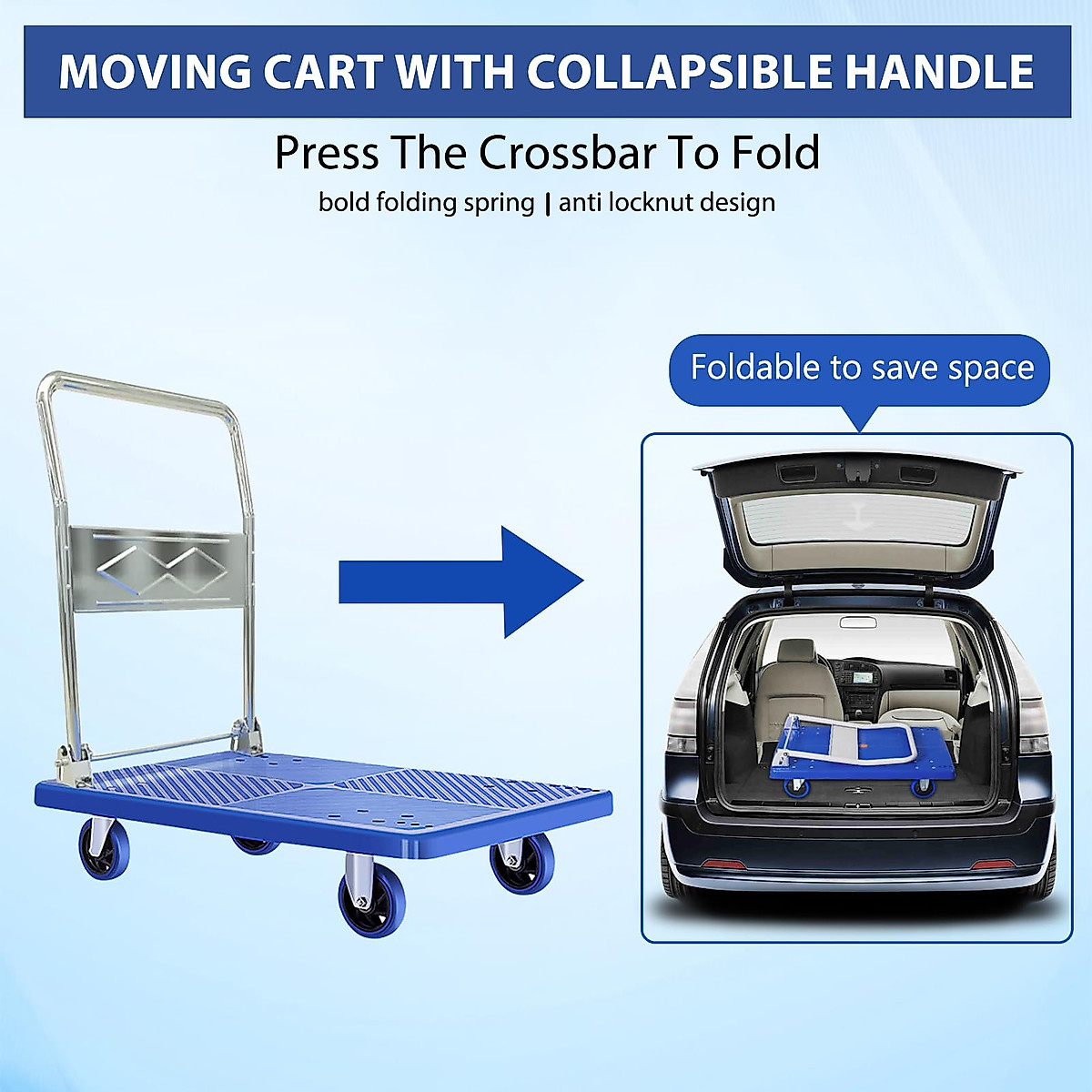Aysiofdy Foldable Platform Truck｜440 lbs Weight Capacity Hand Truck｜Push Cart Dolly with 360 Degree Swivel Wheels｜Push Cart on Wheels for Easy Storage and Loading｜Blue