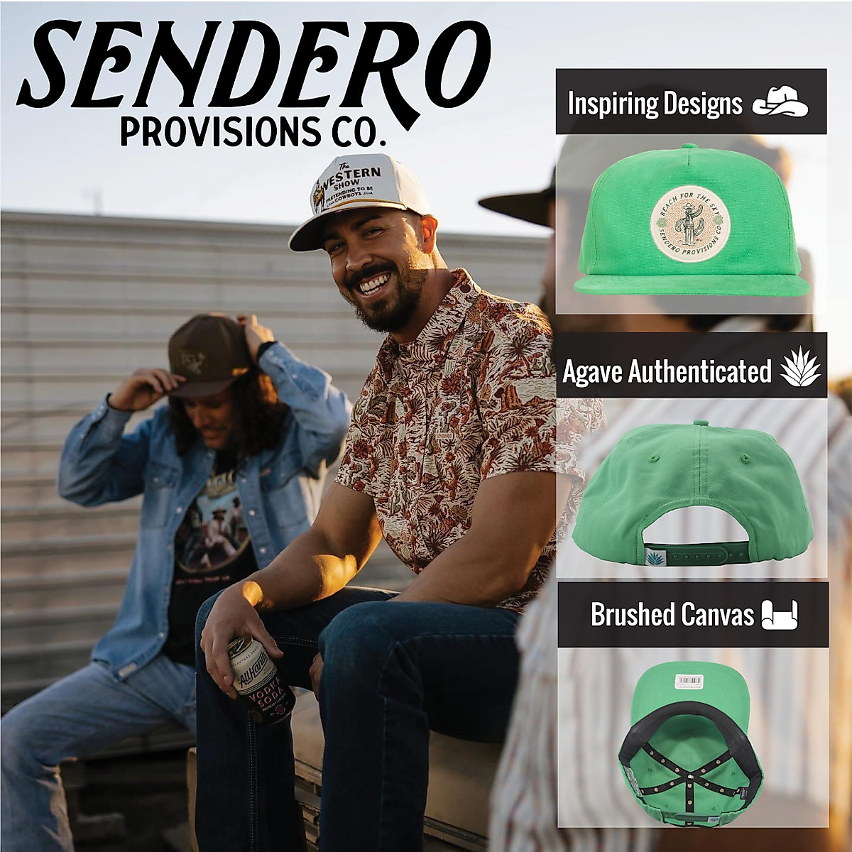 Sendero Provisions Co. Reach for The Sky Hat Green Unstructured 5-Panel Unisex Brushed Canvas Screen Printed Felt Patch Pop-Up Mesh Snapback Hat