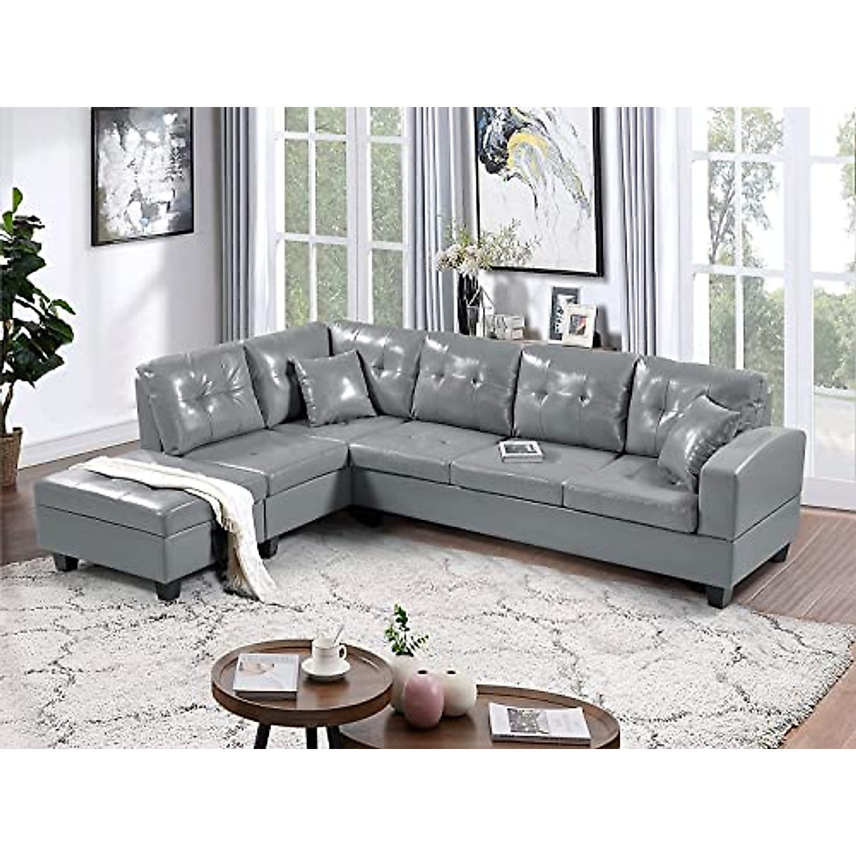 EMKK Variable Bed Sofa Living Room Folding Sectional Sofa with Reversible Chaise Lounge, Upholstered L-Shaped Couch with Two Cup Holders 2 Pillows for Office Apartment Large Space Furniture Sets