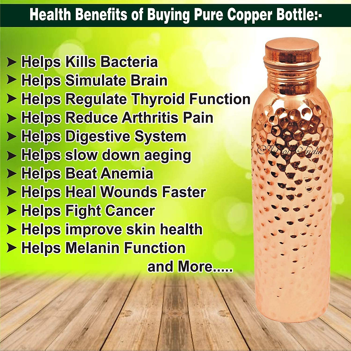 Arts Of India Pure Copper Water Bottle, Drink ware Set, Capacity 1000 ML, Set of 2 ((HAMMERED 2)