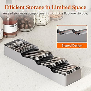 Lifewit Compact Flatware Drawer Organizer, Narrow Silverware Tray for Kitchen Drawers, Plastic Cutlery Holder for Spoons, Forks and Knives, Utensils Storage Organization, Gray