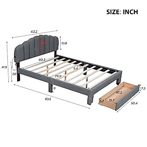 HAUSHECK Upholstered Bed Frame Queen Size with Teddy Fleece Headboard, Big Drawer, Smart LED Lights and 2 USB Ports, Modern Queen Platform Bed Frame w/Wooden Slats Support, No Box Spring Needed