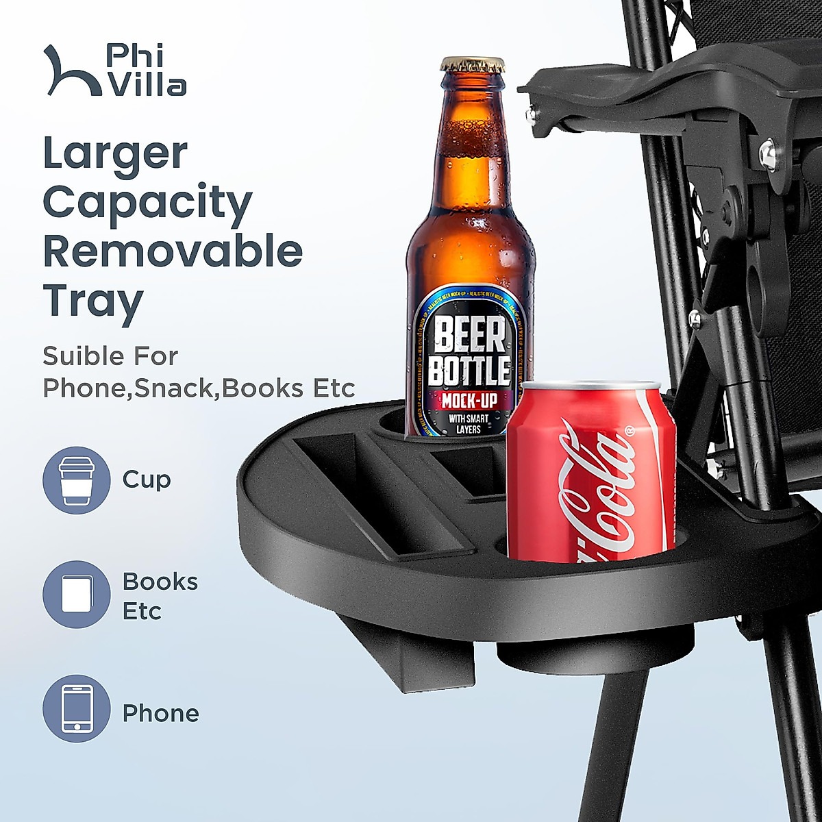 PHI VILLA Padded Zero Gravity Lounge Chair Folding Patio Recliner with Adjustable Headrest & Cup Holder, Support 350 LBS (Grey)