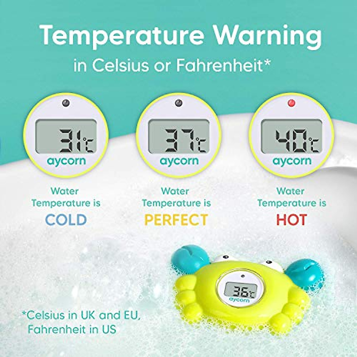Aycorn Digital Baby Bath Thermometer Baby Safety - Fahrenheit Water Temperature Thermometer & Room Thermometer with LED Display and Temperature Warning - Infant Baby Bath Toys Floating Toy Thermometer