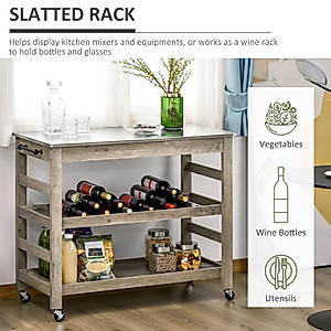 HOMCOM Rolling Kitchen Cart with Stainless Steel Countertop, 1 Bottom Shelf, 1 Slotted Middle Shelf and 4 Castor Wheels, Grey
