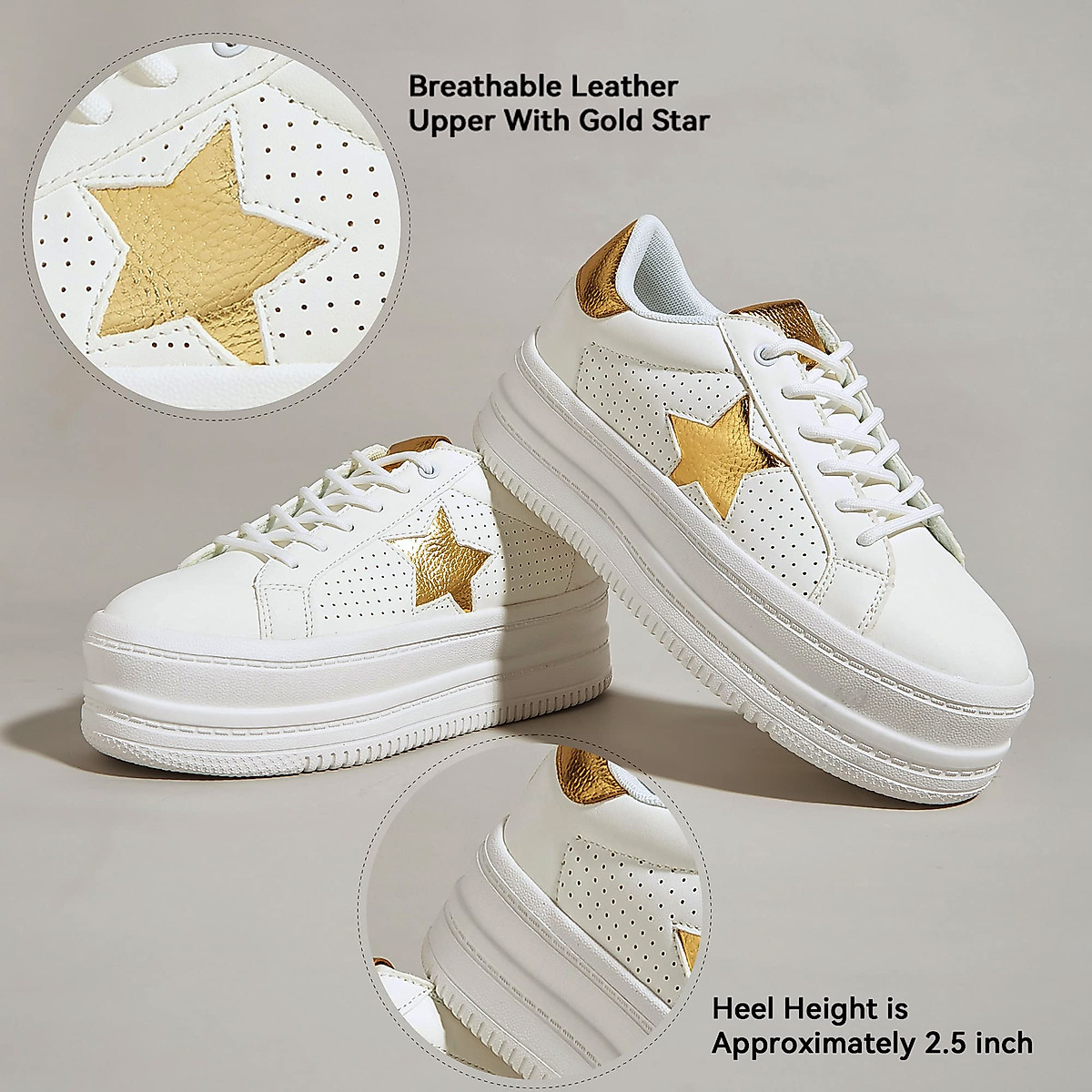 BELOS Fashion Platform Women Sneakers Faux Suede Stars Holographic Rainbow Walking Shoes(White Gold,7)
