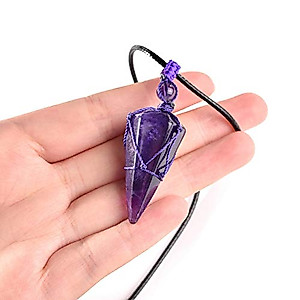 PESOENTH Amethyst Necklace Purple Quartz Crystal Dowsing Pendulum Divination Healing Necklace Cord Adjustable,Natural Gemstone Hexagonal Pointed Cone Reiki Chakra Pendant