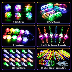 Mocoosy 103Pcs Glow in the Dark Party Supplies, Light Up Party Favors for Kids LED Neon Toys Bulk Party Pack With Glow Sticks,Led Glasses,Light Up Bracelets,Finger Lights,Jelly Rings and Headbands