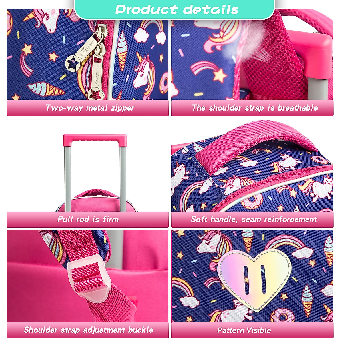 MOHCO Rolling Backpack for Kids Wheeled Backpack for Girls with Lunch Bag Pencil Case