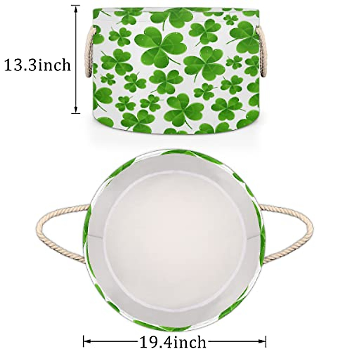 St. Patrick's Day Green Clover Leaves Large Round Baskets for Storage Laundry Baskets with Handles Blanket Storage Basket for Bathroom Shelves Bins for Organizing Nursery Hamper Girl Boy