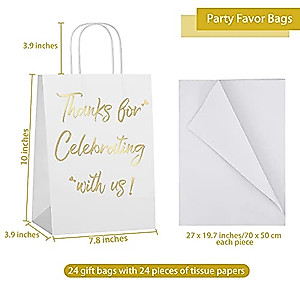 Cooraby 24 Pack White Kraft Paper Bags with Handles Thanks for Celebrating with Us Bags Party Favor Bags Medium Gift Bags Party Favor Bags with Tissue Papers for Birthday, Wedding, Baby Shower