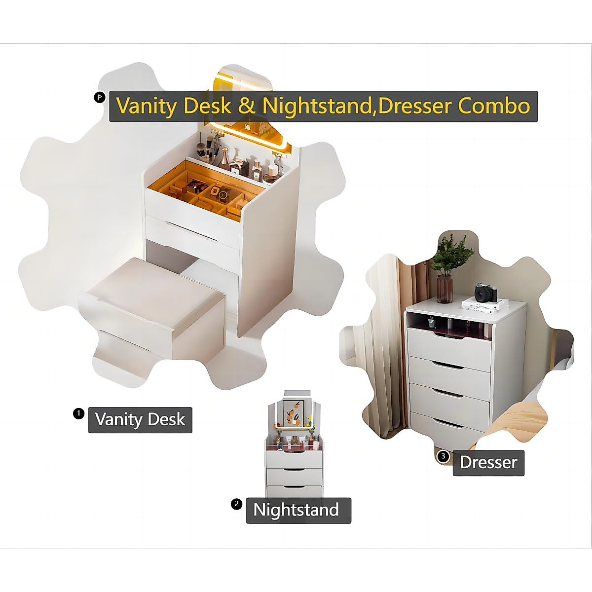 Vanity Desk & Nightstand Combo - Flip Top Mirror, 3 Drawers, Bright LED Lights, and Cushioned Stool