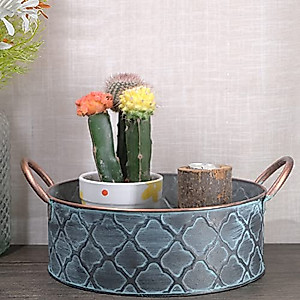 Farmway Decorative Galvanized Metal Round Serving Tray with Handles, Indoor and Outdoor Rustic Farmhouse Decor Food Serving Tray - Grey Green - 12.6”L × 9.8”W × 5.3”H