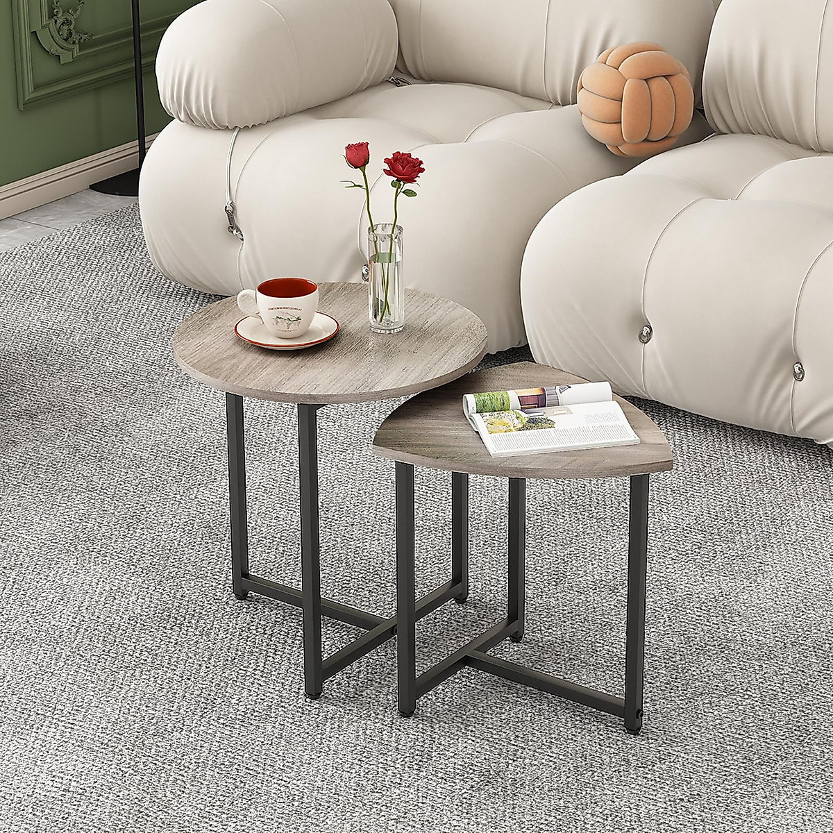 Wolawu Nesting Table Small Round Coffee Table,Set of 2 End Tables,Minimalist Side Table for Living Room Bedroom,Stacking Sofa Side Tables with Solid Metal Frame for Small Space,Oak