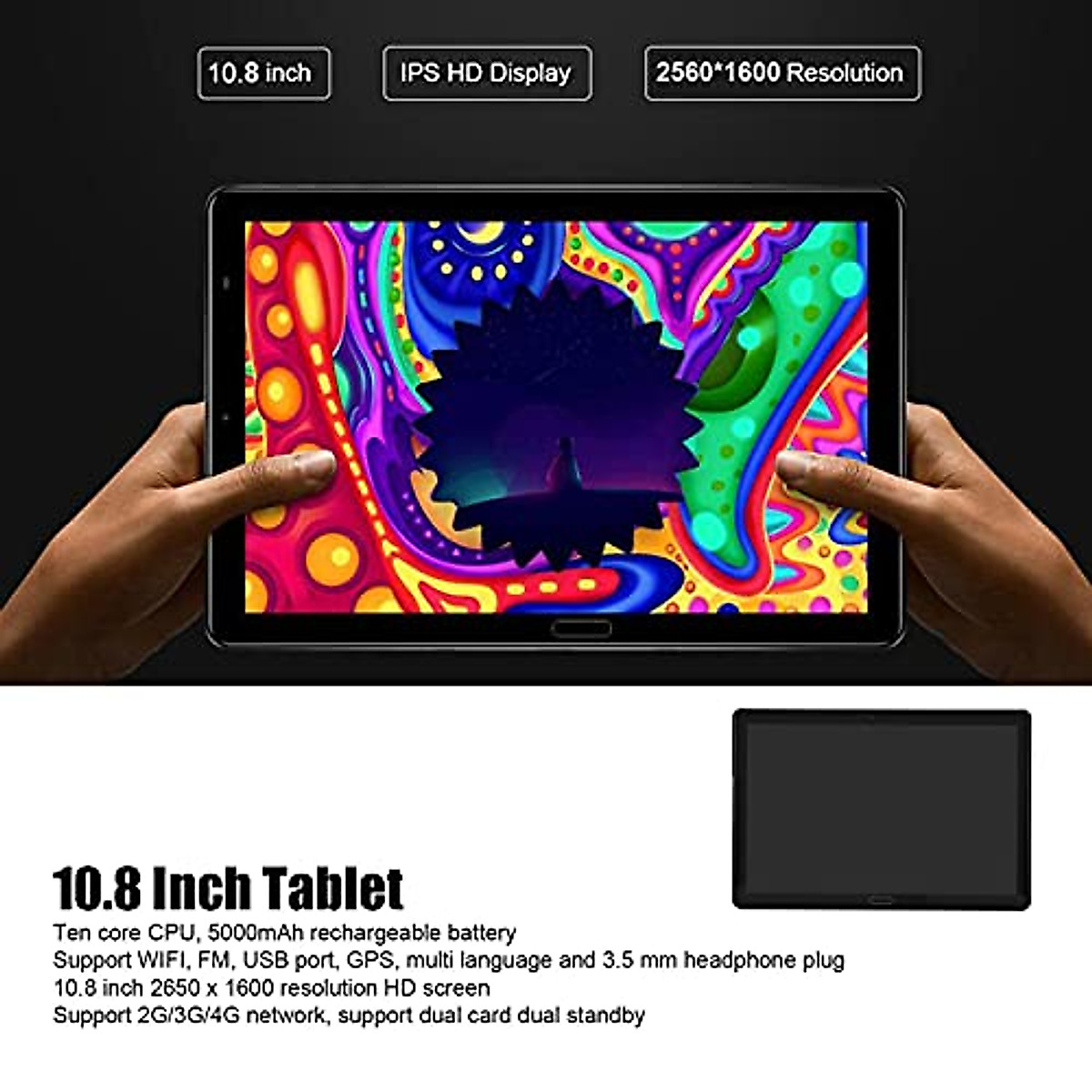 Garsentx Tablet PC, 64GB ROM, 10.8 Inch 4G, Ten Core Processor, HD IPS Screen, Tablet with Charger,Android Tablet PC for Study Play Work 100‑240V(US)