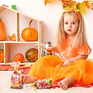 100 Pieces Fall Cellophane Bags Pumpkin Fall Leaves Treat Bags Halloween Pumpkin Bags Thanksgiving Cellophane Bags with 1 Piece Orange Ribbon for Chocolate Candy Snacks Cookies Little Toys