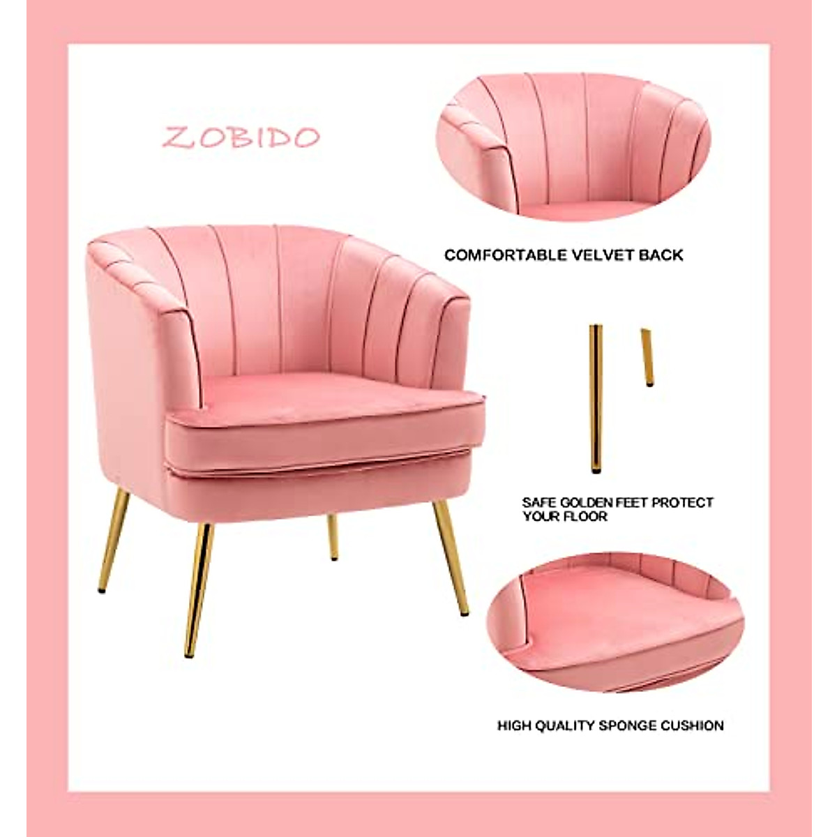 ZOBIDO Modern Accent Velvet Chairs Comfy Upholstered Vanity Chairs for Bedroom Armchair Dining Chairs with Golden Metal Legs Desk Chair Single Person sofafor Living Room(Peach Pink)