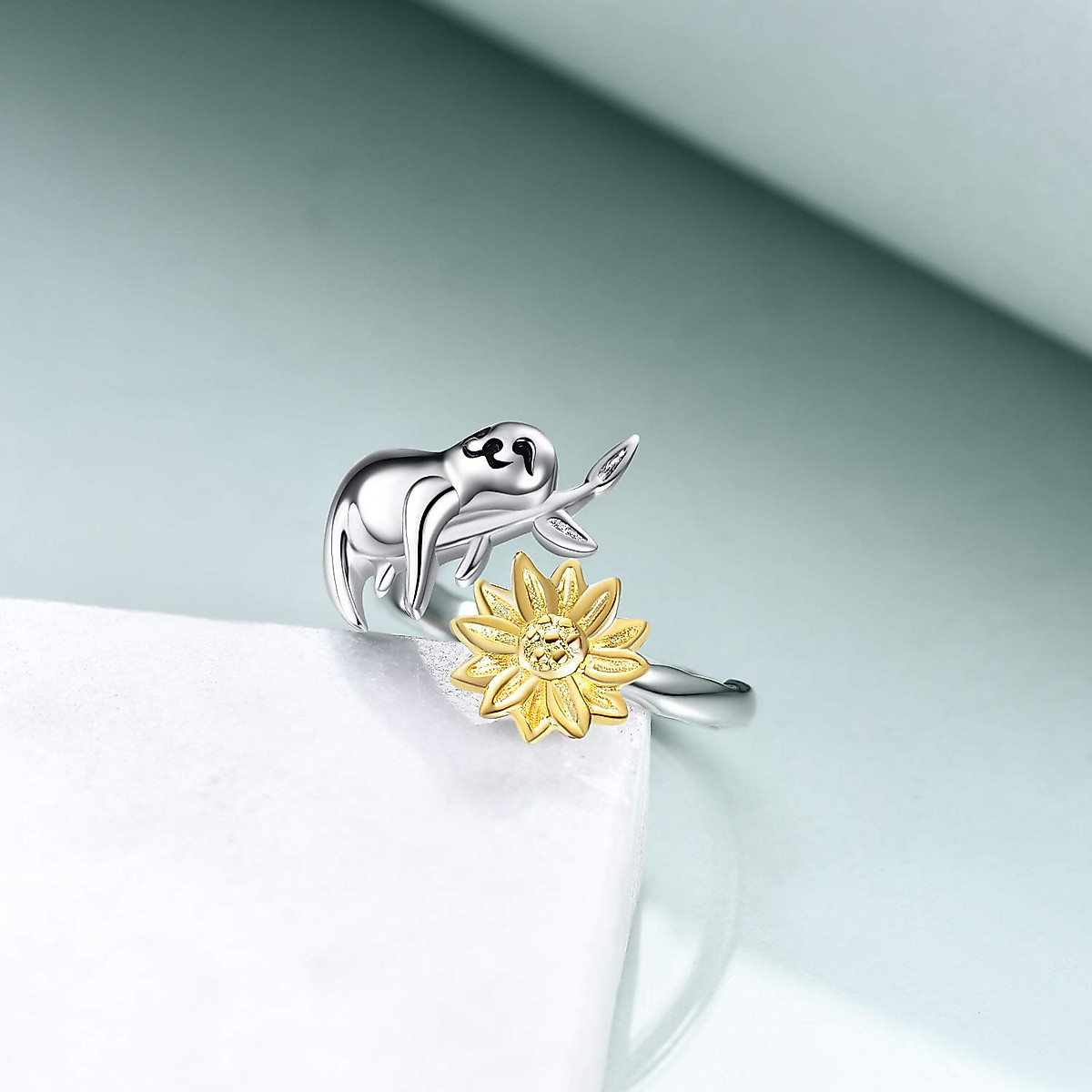 MONGAS Sloth Gifts for Women Sloth Ring Sunflower 925 Sterling Silver Sloth Christmas Jewelry