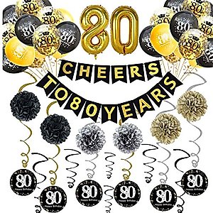 Trgowaul 80th Birthday Party Decorations Kit- Gold Glittery Cheers to 80 Years Banner, Pom Poms, 6Pcs Sparkling 80 Hanging Swirl, 1 Gold Number Balloon, 15 Confetti Balloons for 80 Birthday Decoration