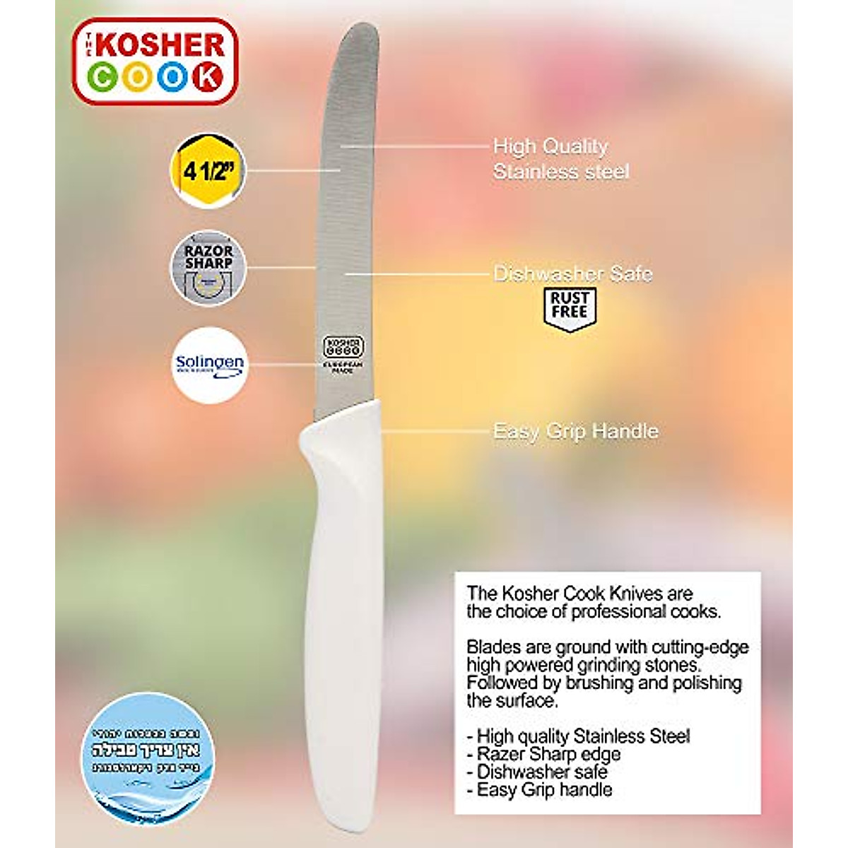 The Kosher Cook White Kitchen Knife – 4.5” Steak and Vegetable Knife - Razor Sharp Curved Tip, Straight Edge - Color Coded Kitchen Tools
