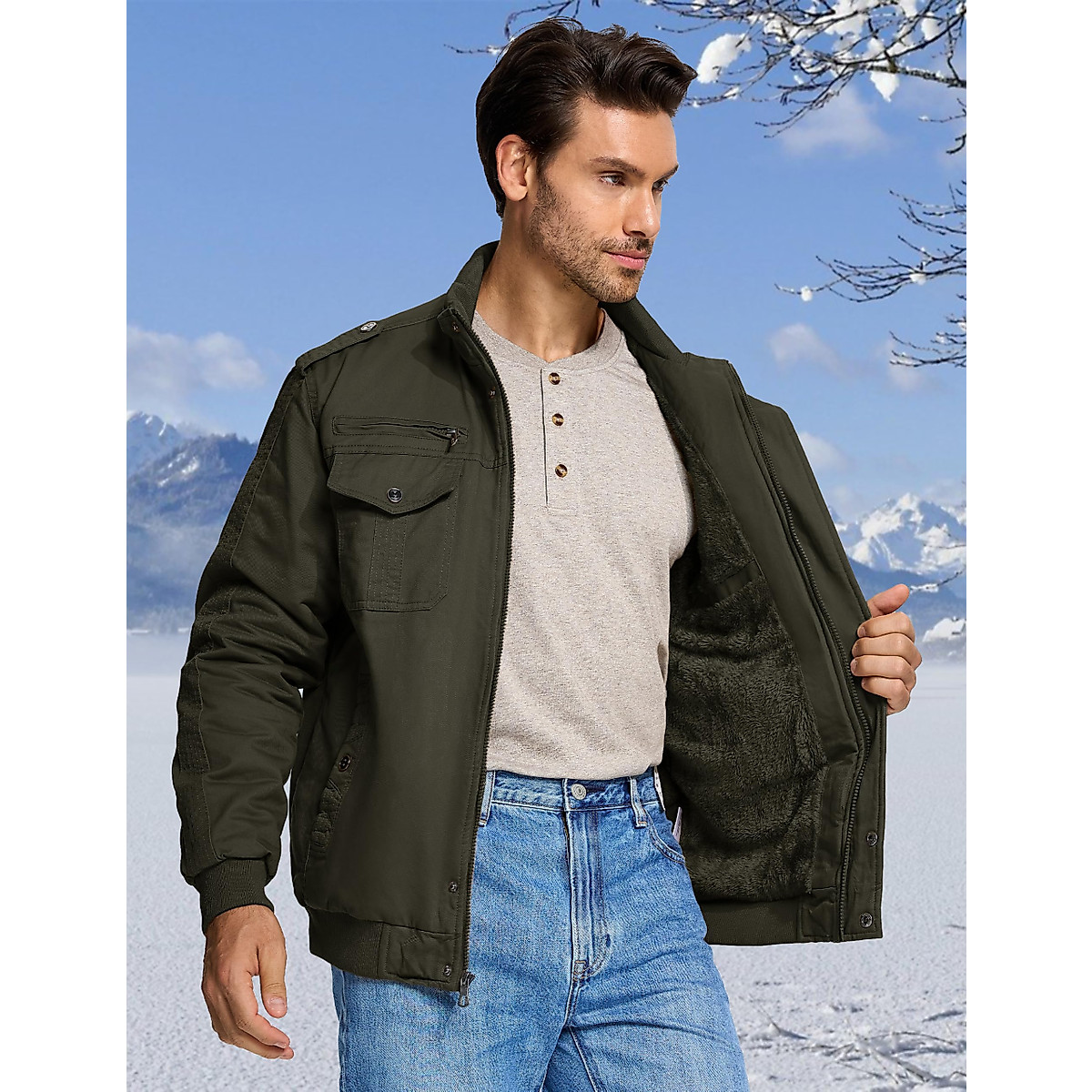 CRYSULLY Men's Cotton Jacket Winter Military Coats Fleece Lined Thick Work Coats Warm Cargo Jackets Army Green M