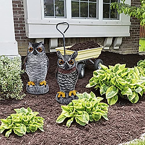 Hausse 2 Pack Fake Owl Decoy Bird Scarecrow Sculpture, Plastic Horned Owl Bird Deterrents with Yellow Claws, Garden Protectors, Large Nature Enemy Pest Repellent for Outdoor Garden Yard