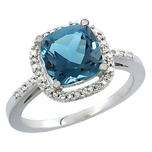 10K White Gold Natural London Blue Topaz Ring Cushion-cut 8x8mm Diamond Accent, size 10