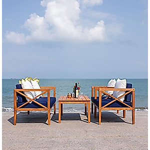 Safavieh PAT7031E Collection Nunzio Teak 4 Pc Accent Outdoor Set, Natural/Navy + Solid Pillow