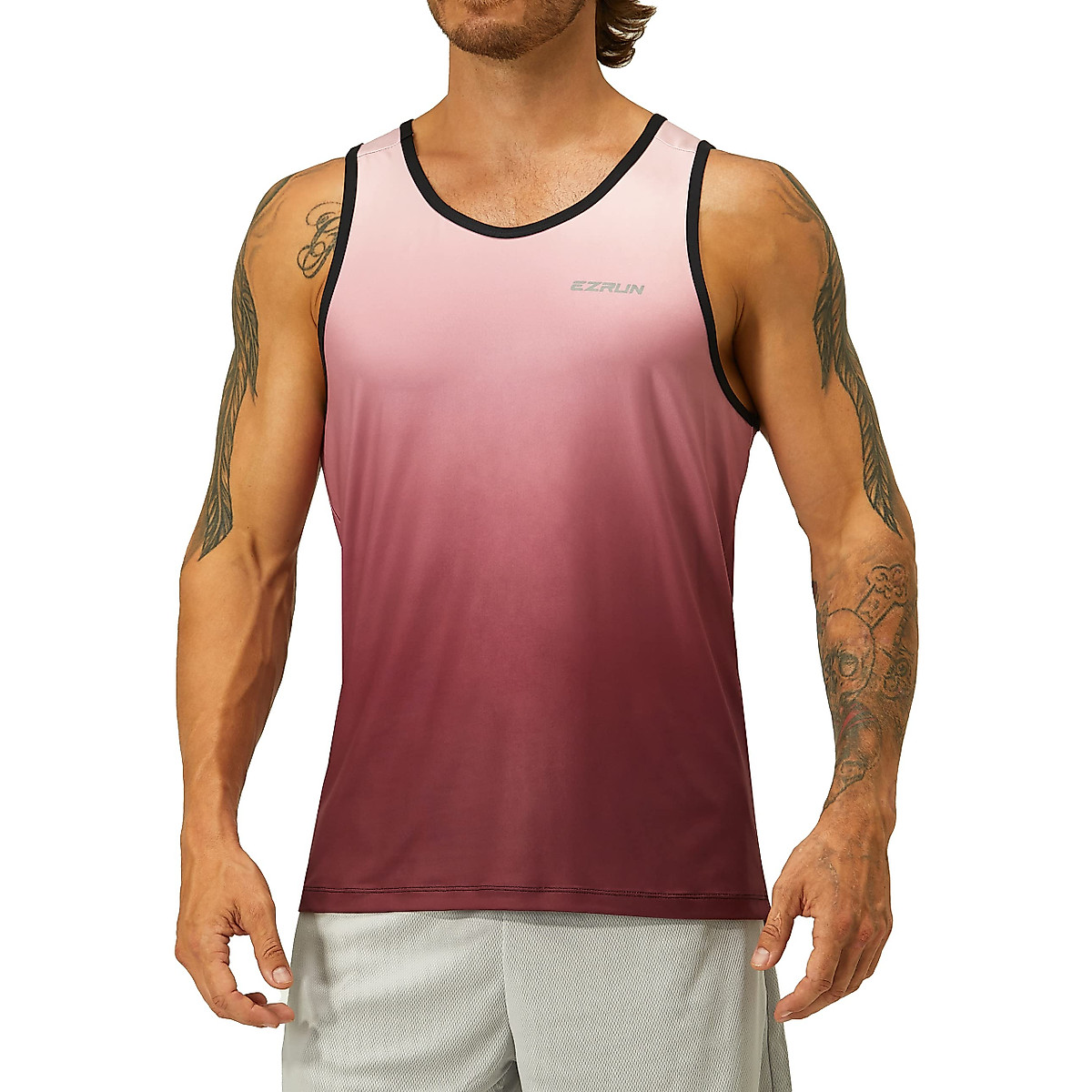 EZRUN Men's Quick Dry Workout Tank Top Swim Beach Shirts for Gym Athletic Running Muscle Sleeveless Shirts(PinkGradient,XL)