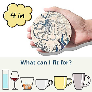 LIFVER Absorbent Stone Coasters with Holder, Coasters for Drinks and Cork Baking, Octopus On World Map Novelty Design, Set of 6