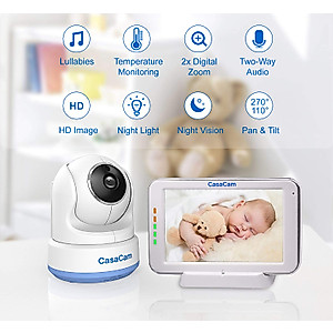 CasaCam BM200 Video Baby Monitor with 5" Touchscreen and HD Pan & Tilt Camera, Two Way Audio, Lullabies, Nightlight, Automatic Night Vision and Temperature Monitoring Capability