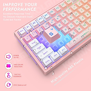 KOLMAX GK98 Wireless Gaming Keyboard,2.4G Rechargeable RGB Pink Gaming Keyboard,RGB Backlit Ergonomic 98 Keys Dual Color Mechanical Feeling Wireless Keyboard for Office Windows PC Mac Game PinkWhite