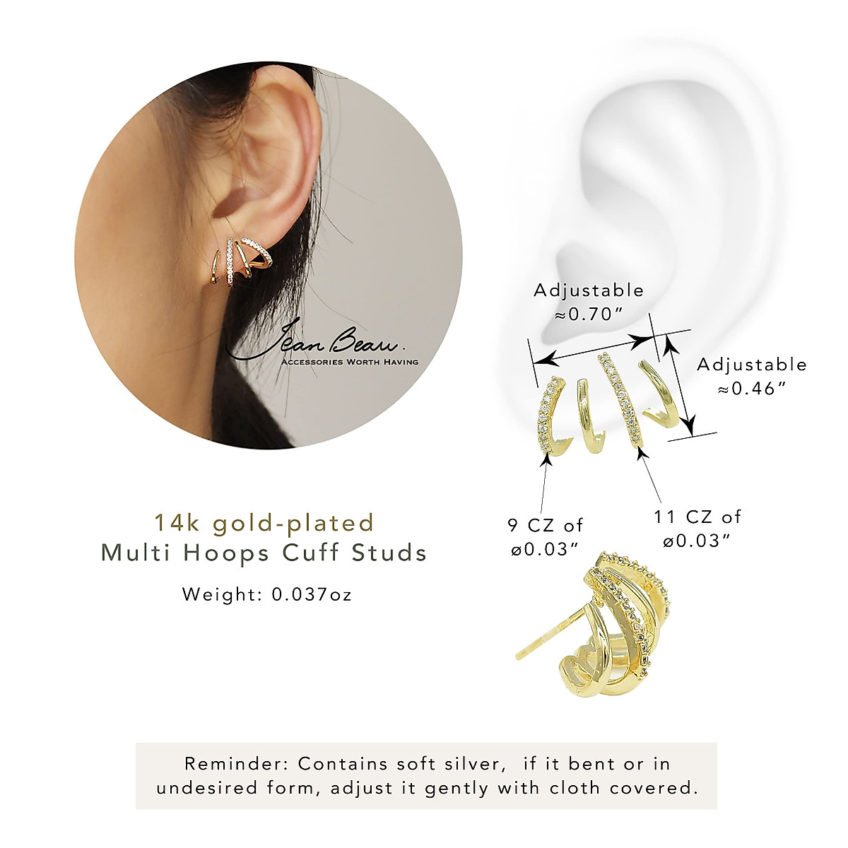 JeanBeau Small Gold Hoop Claw earrings for Women - Yellow Gold Silver Zircon Clip Wrap Stud for Pierced ear/Helix Cartilage Piercing Needles - Spring illusion Minimalist Trendy Ear Cuff
