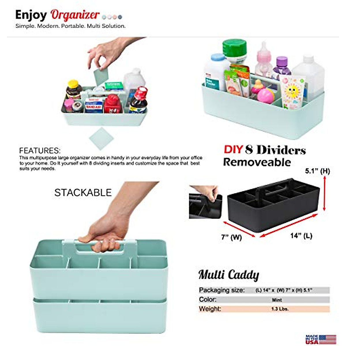 Enjoy Organizer 2 PACK - Portable DIY 8 Dividers Durable Plastic Tote Basket Bin Tool & Supply Cleaning Caddy with Handle Made In USA (Mint)
