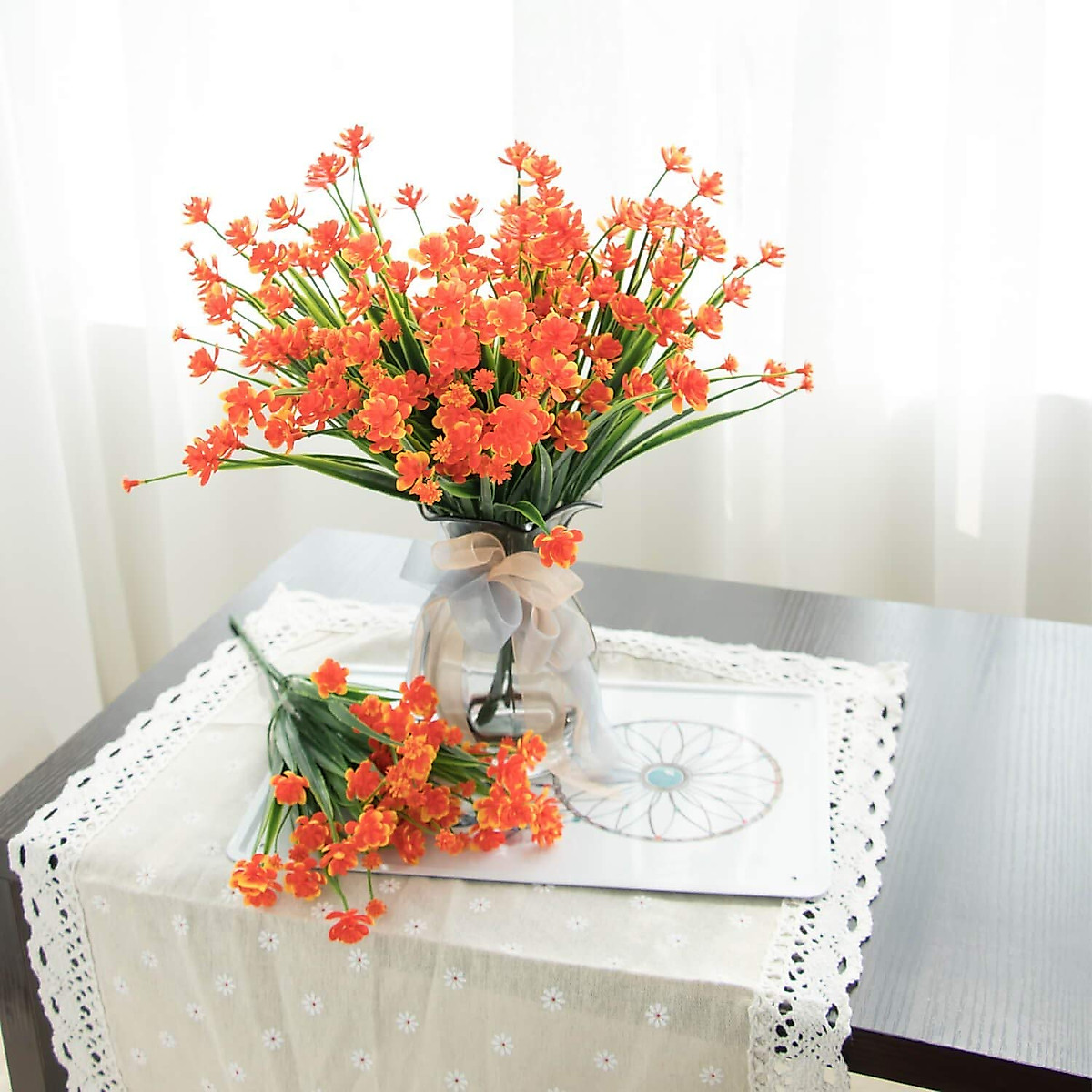 4pcs Artificial Red Daffodils Flowers Fake Shrubs UV Resistant Faux Plants Faux Plastic Bushes Indoor Outdoor Home Office Garden Patio Yard Table Wedding Farmhouse Centerpieces Pot Decor (Red)