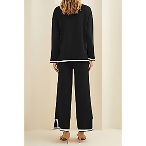 PRETTYGARDEN Women's 2 Piece Knit Sweater Set Casual Long Sleeve Pullover Wide Leg Pants Sweatsuit Tracksuit Outfit (Black,Medium)