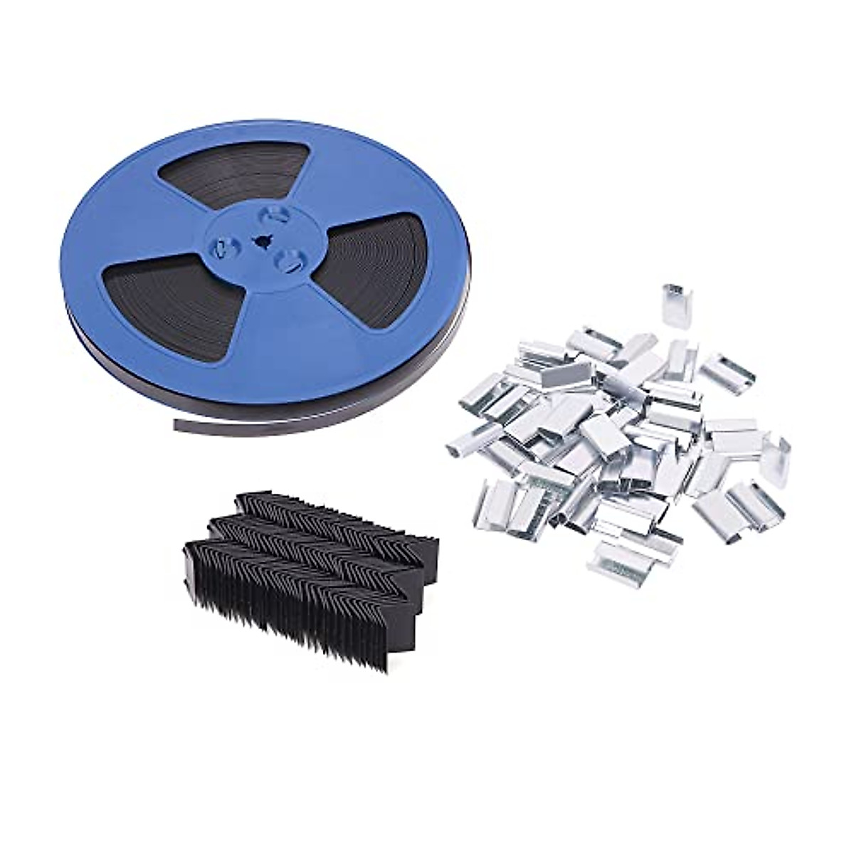 LNYEBN Packaging 5/8"(16mm) x 0.035" x 300' Polyester Strapping Roll，300feet Heavy Duty PET Belt, 50pcs Strapping Seals, 100pcs Corner Protector for Packaging Strapping