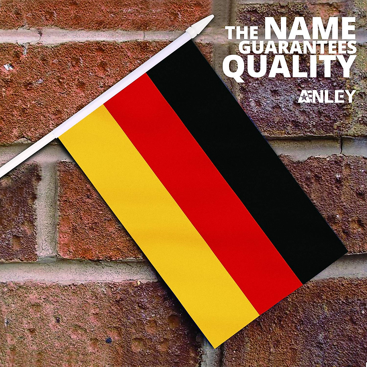 Anley Germany Mini Flag 12 Pack - Hand Held Small Miniature German Flags on Stick - Fade Resistant & Vivid Colors - 5x8 Inch with Solid Pole & Spear Top