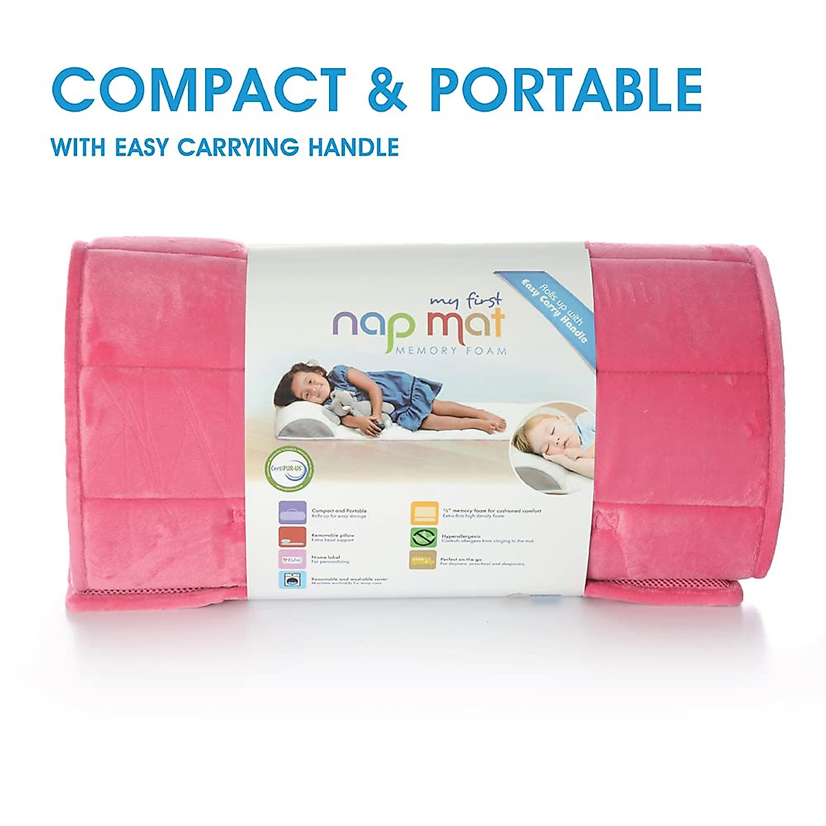 My First - Toddler Nap Mat, Memory Foam Sleeping Mat with a Removable Pillow, Portable and Compact, 41 x 21 x 1 inch, Pink, Pack of 1