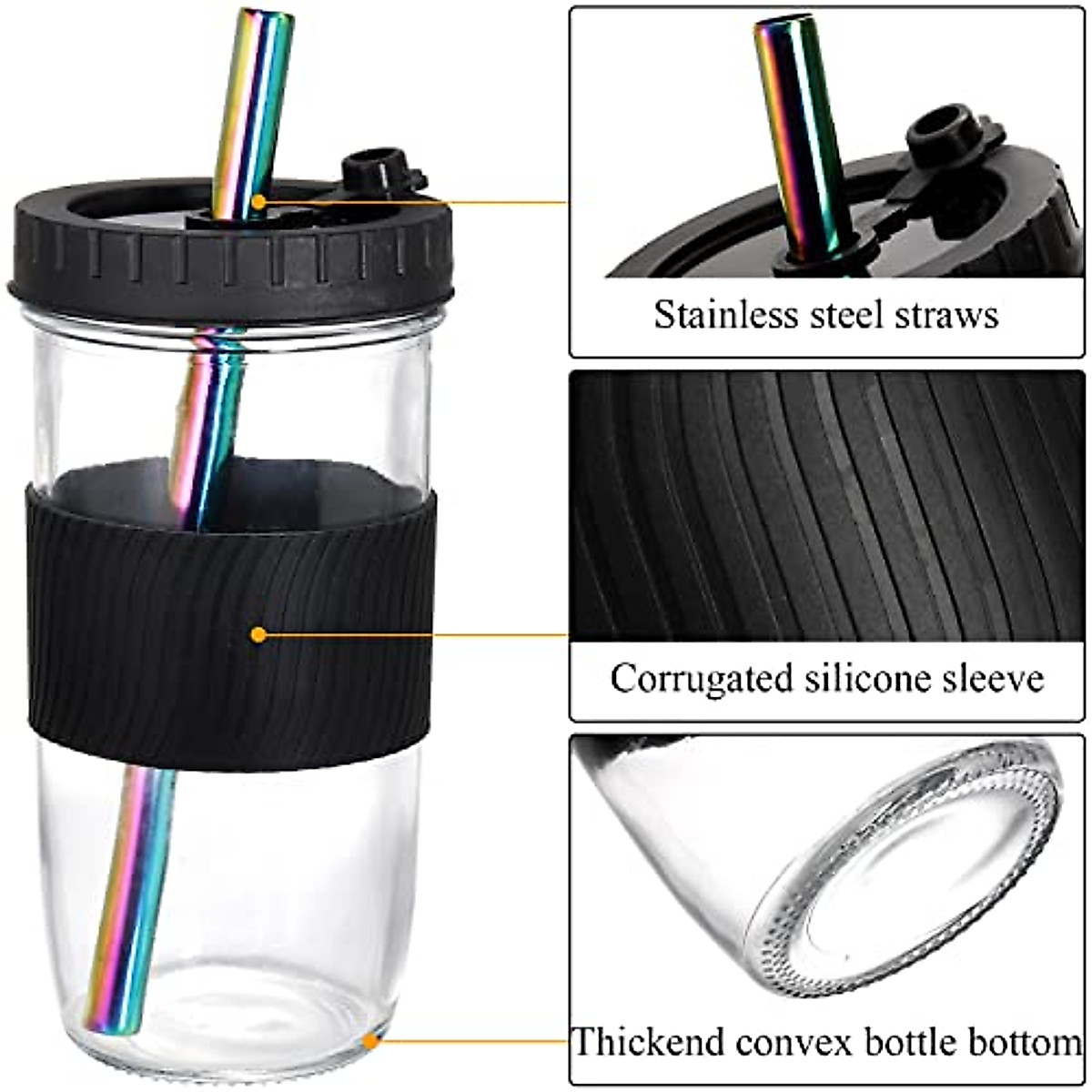 Youeon 4 Pack 24 Oz Reusable Boba Cup with Lids and Straw, Iced Coffee Cups Glass Smoothie Cups, Bubble Tea Cups Mason Jar Cups with Silicone Sleeve, BPA Free, Dishwasher Safe, 2 Colors